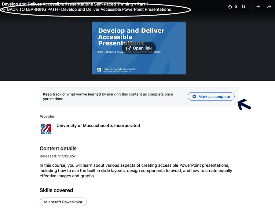 How to mark content as complete in a custom LinkedIn Learning Path