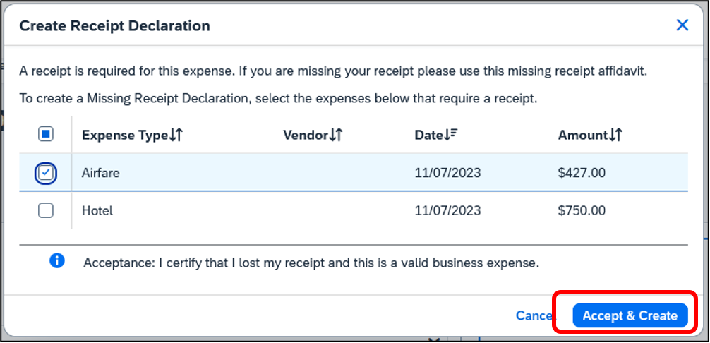 Missing Receipt Declaration- Create in Concur