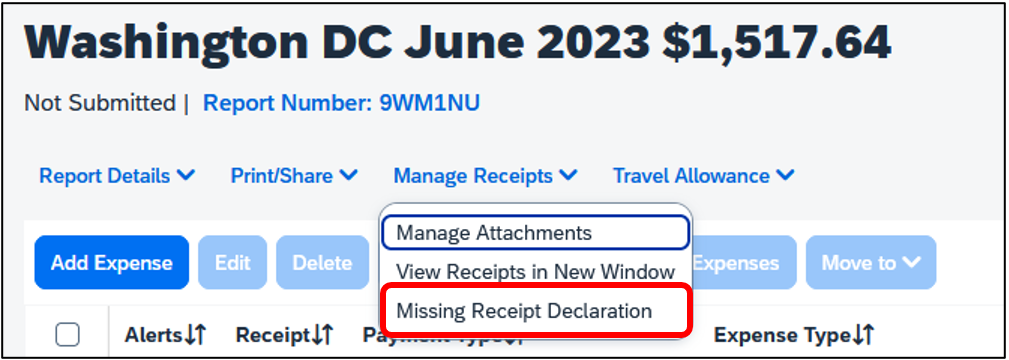 Missing Receipt Declaration- Create in Concur