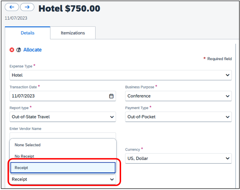 Missing Receipt Declaration- Create in Concur