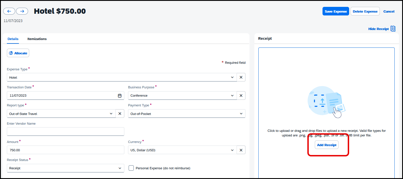 Missing Receipt Declaration- Create in Concur